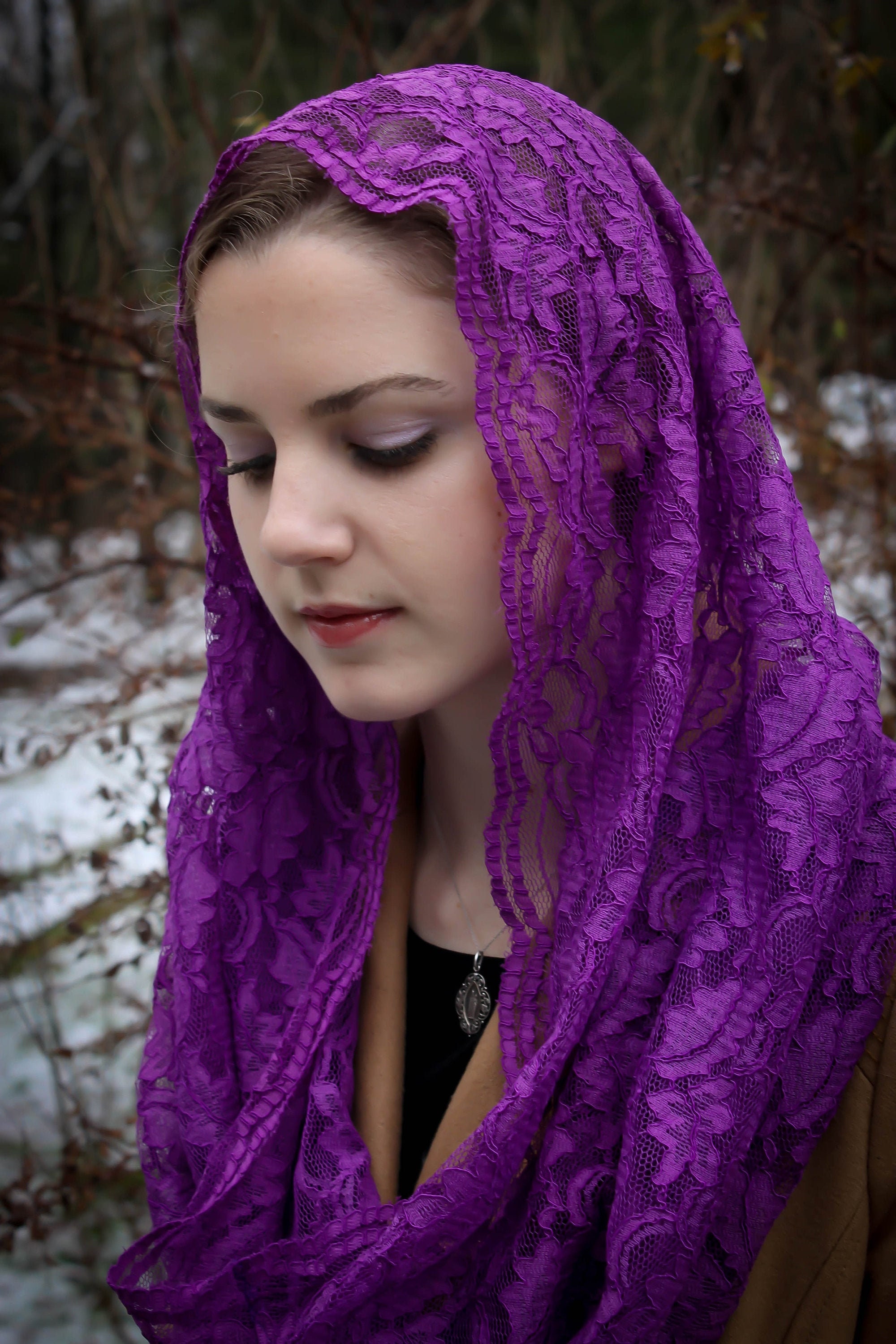 Evintage Veils~ Regina Caeli Advent/Lent Rich Purple Embroidered Lace ...