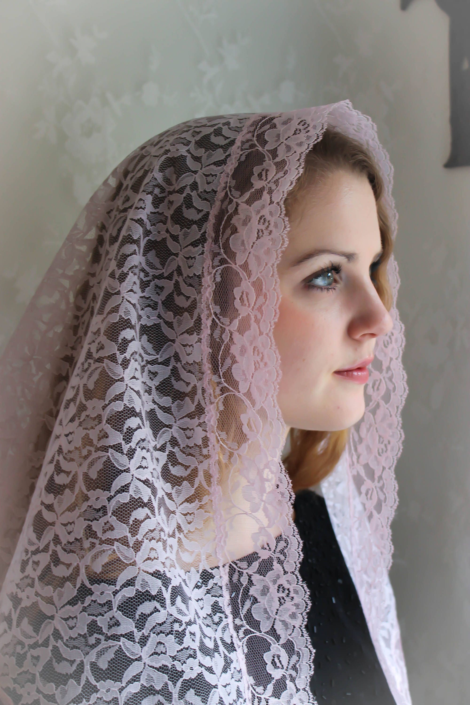 Evintage Veils~ Our Lady Mystical Rose Pink Lace Chapel Veil Mantilla ...