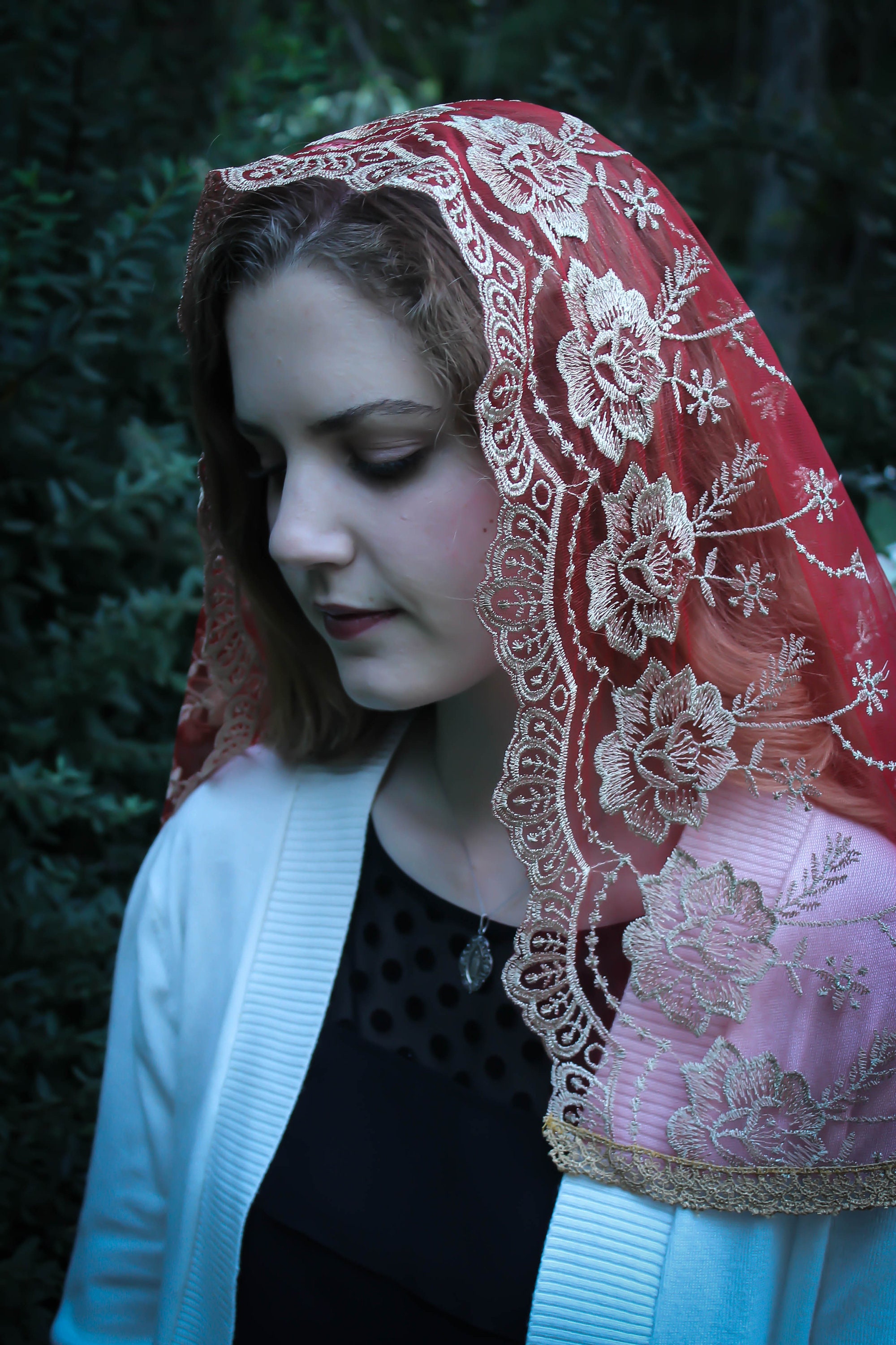 Evintage Veils~ Our Lady of Guadalupe Floral Gold & Pentecost Red ...