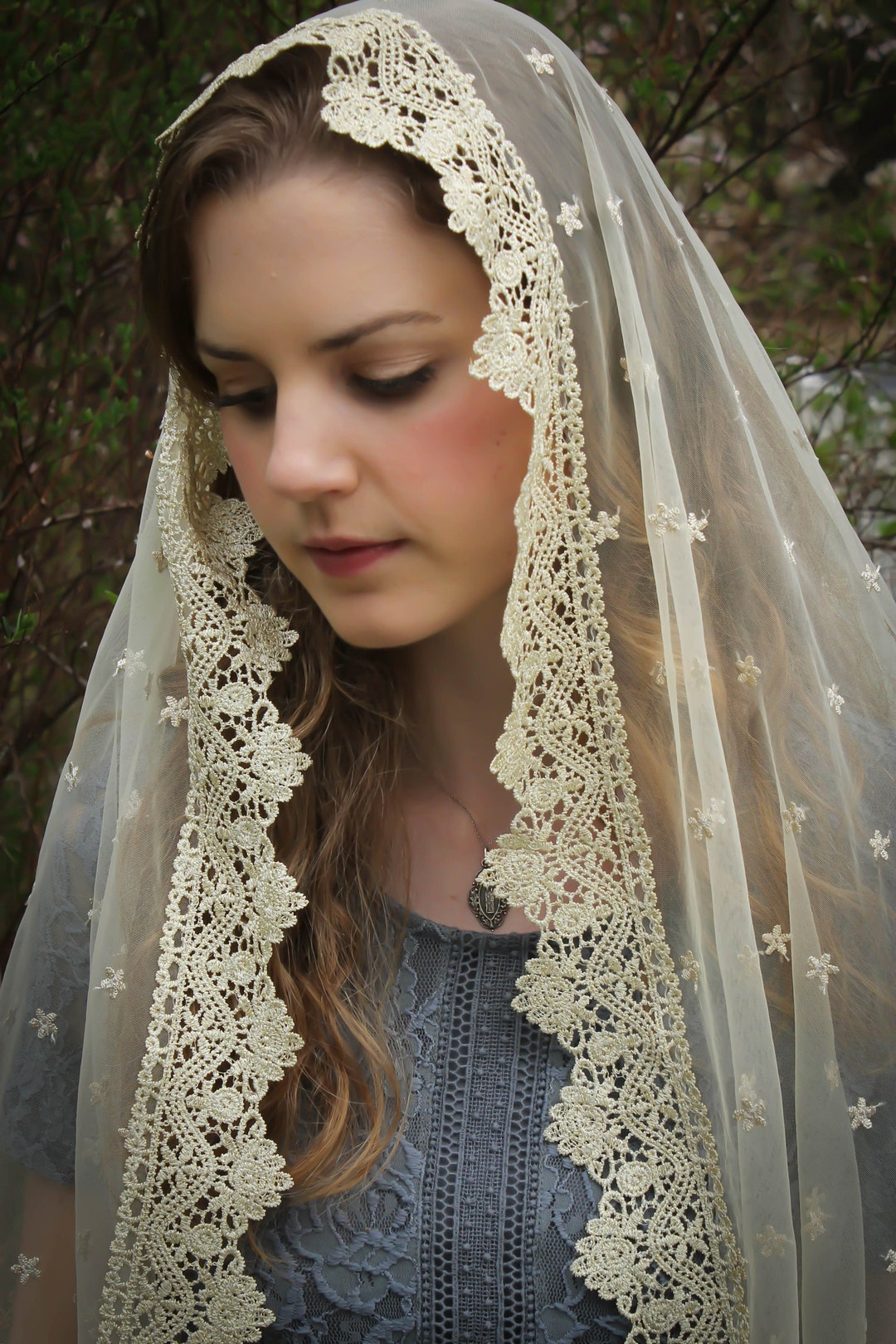 Evintage Veils~ Our Lady of the Lily Gold Embroidered Lace Chapel Veil ...
