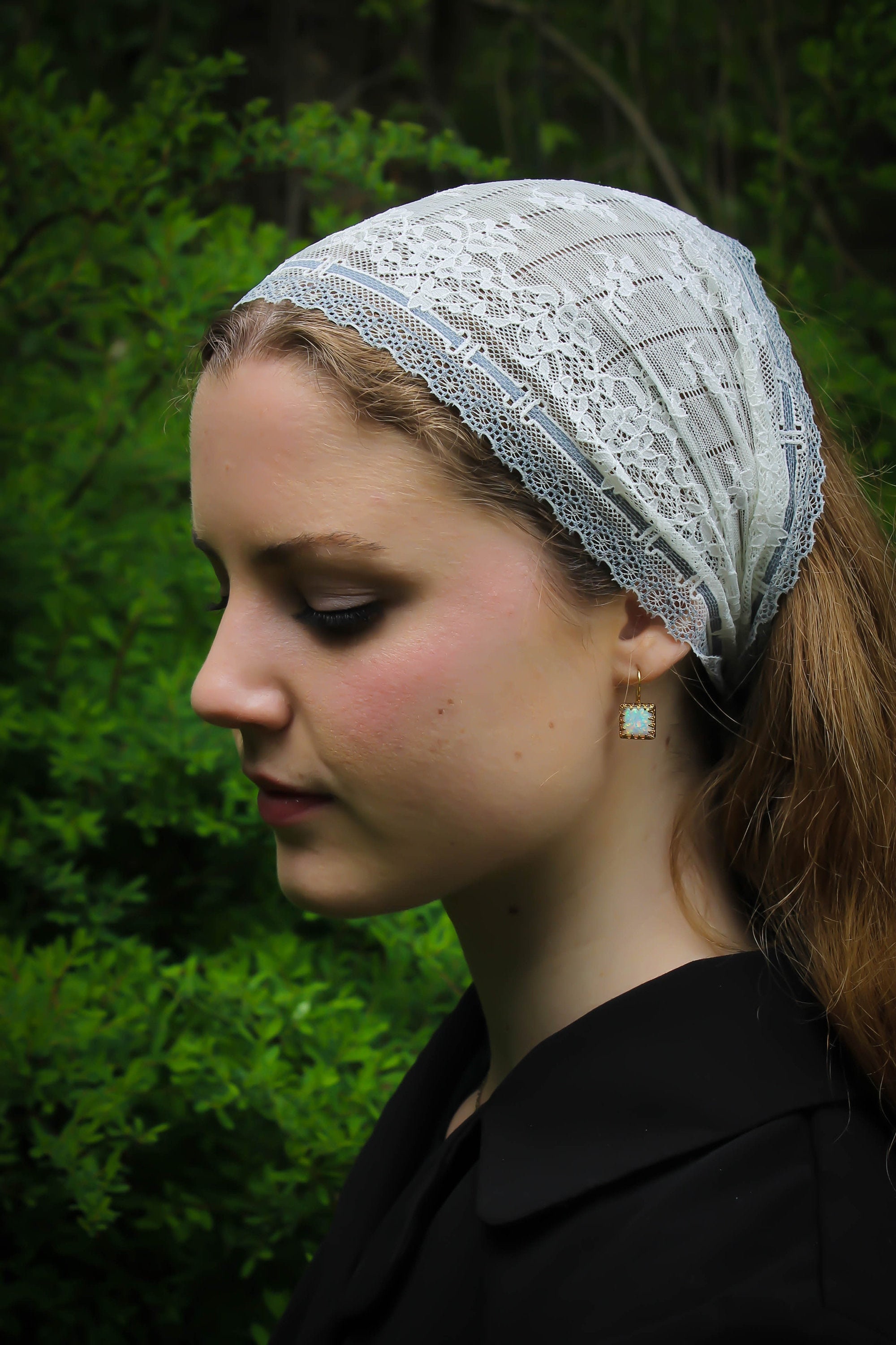 Evintage Veils~ So Soft Head Wrap Light Ivory and Blue Floral Stretch ...