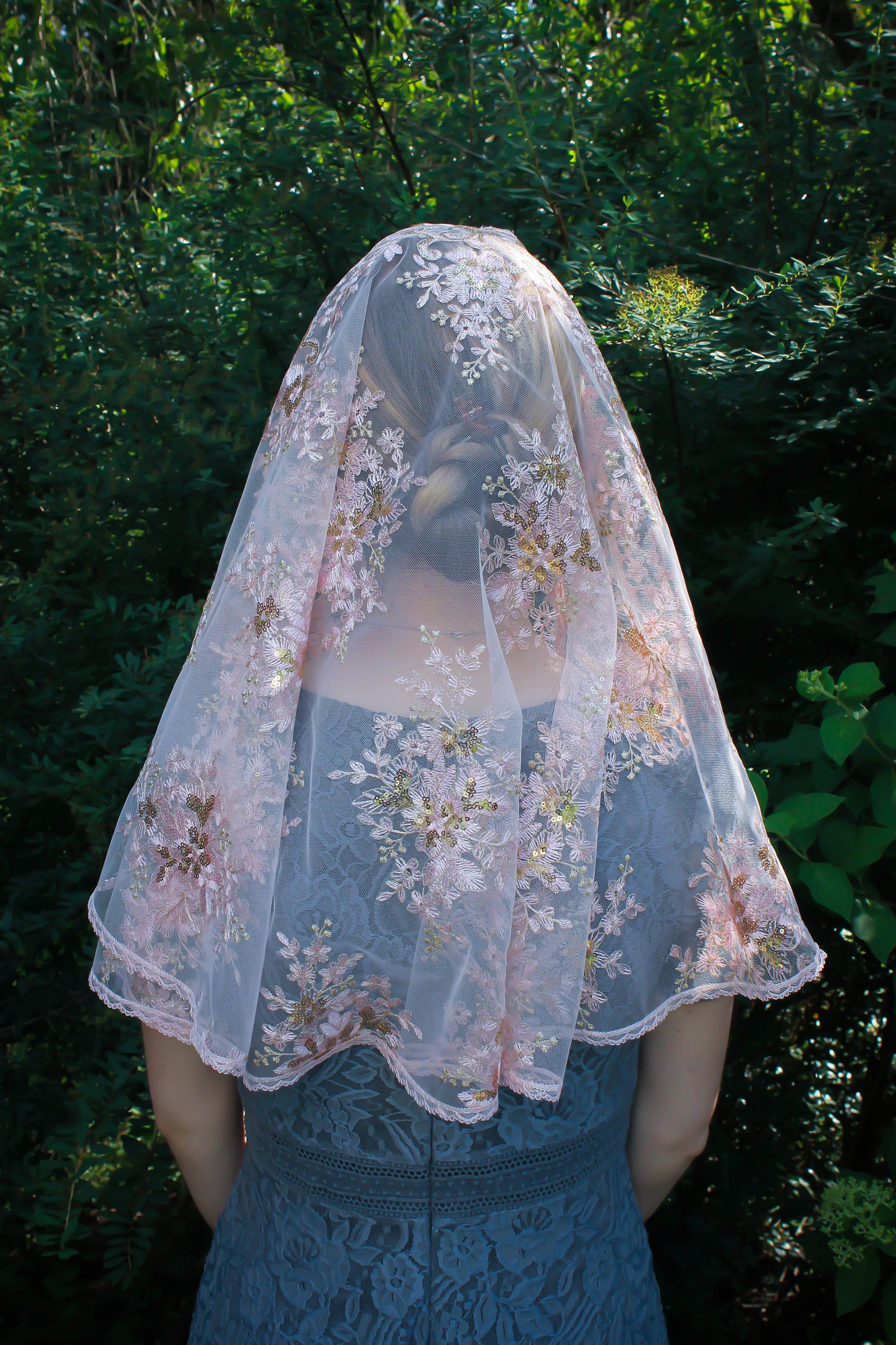 Evintage Veils~ Queen of Peace Soft Rose & Gold Sequin Embroidered Lace ...