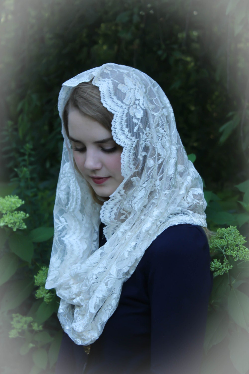 Evintage Veils~ Our Lady Ivory Embroidered Lace Chapel Veil Mantilla ...