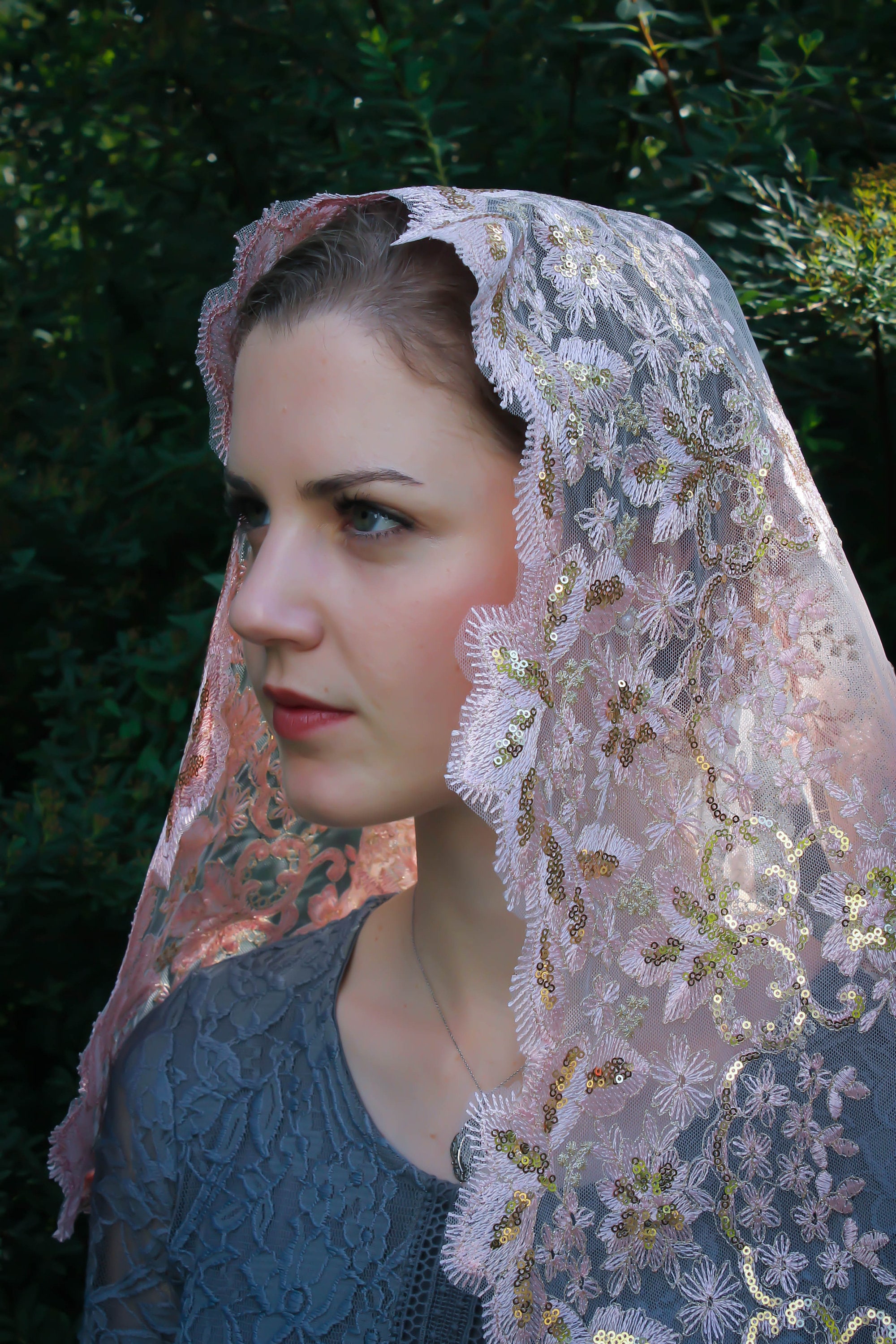 Evintage Veils~ Queen of Peace Soft Rose & Gold Sequin Embroidered Lace ...