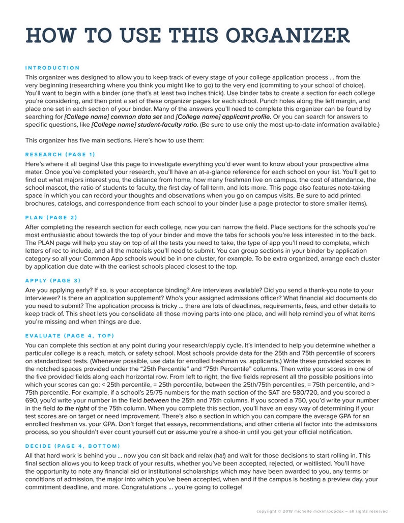 Printable College Application Organizer — Research, Plan, Apply ...