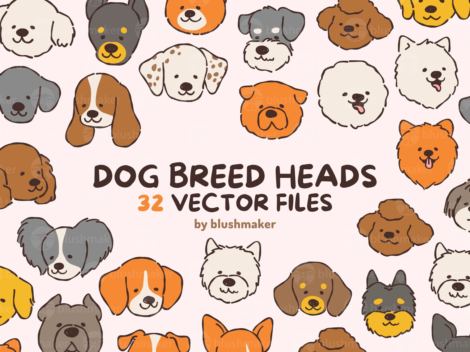32 Dog Breeds Heads Drawing Colored Set - Etsy