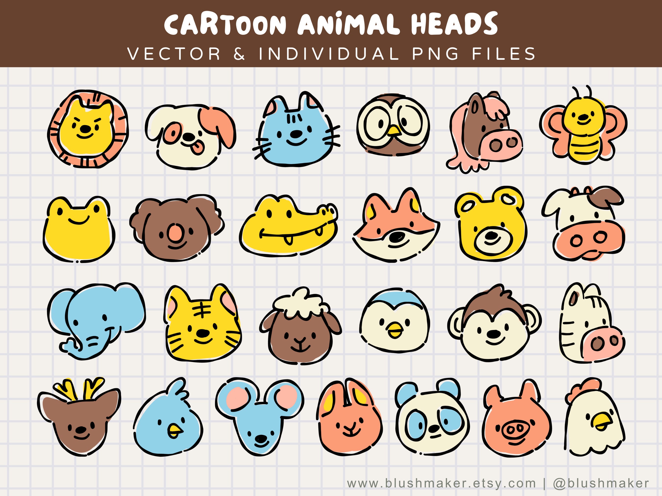 25 Cartoon Cute Doodle Animal Heads Drawing Outline Set - Etsy