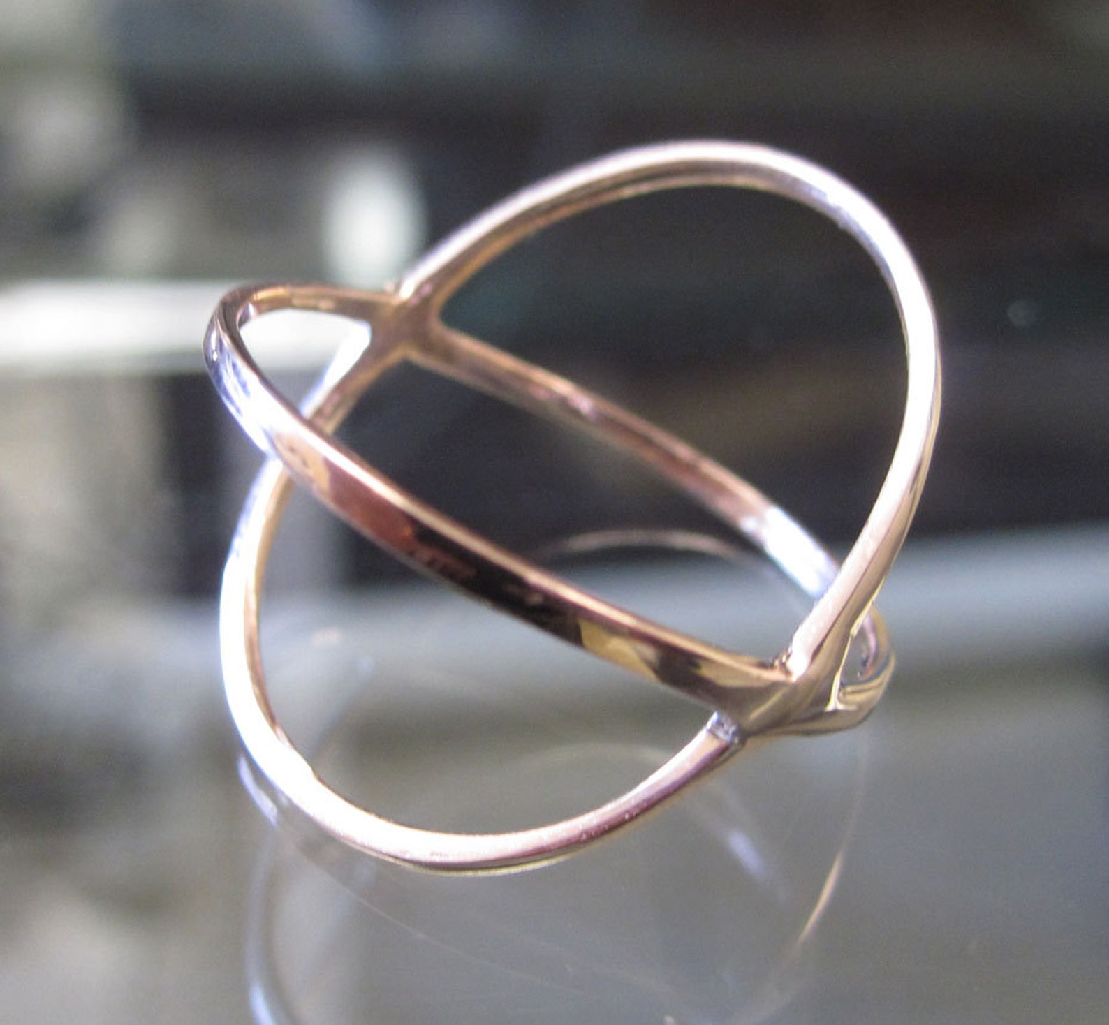 14K Solid Gold Orbit Ring, Criss Cross Ring, Crossing Loop Ring, X Ring ...