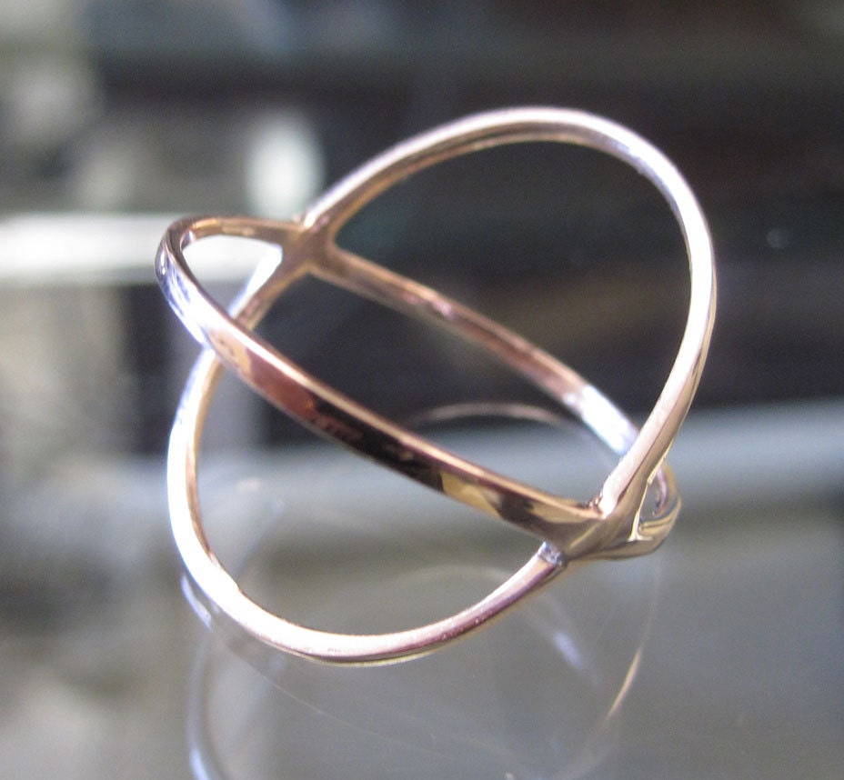 14K Solid Gold Orbit Ring, Criss Cross Ring, Crossing Loop Ring, X Ring ...