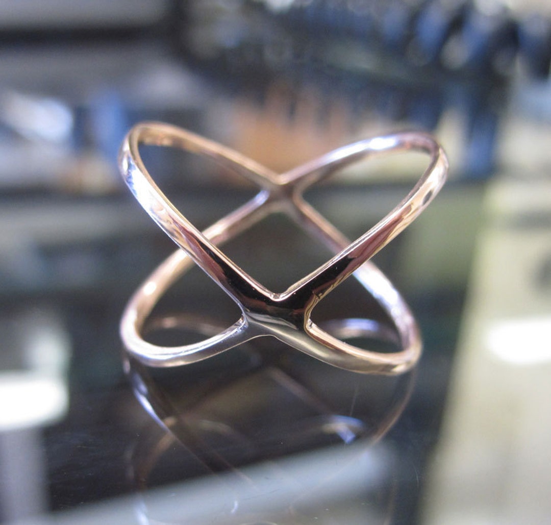 14K Solid Gold Orbit Ring, Criss Cross Ring, Crossing Loop Ring, X Ring ...