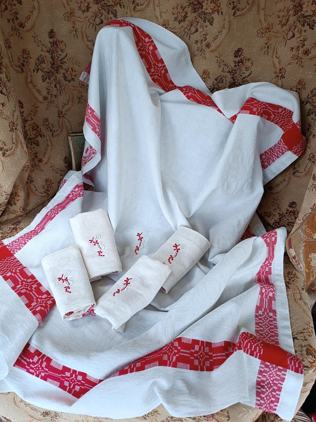 Set of French Antique Red Work Table Linens, Tablecloth and Napkins ...