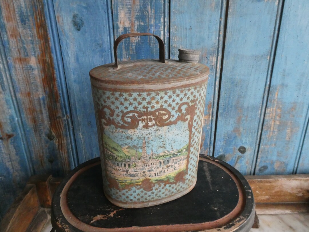 Battered Antique Souvenir of Lourdes Holy Water Collecting Flask Can ...