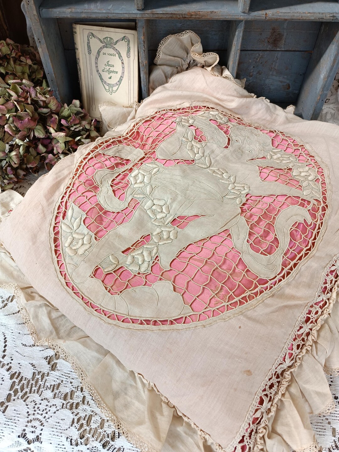 Romantic 1920's Vintage Richelieu Cherub Lace Pillow Scatter Cushion ...