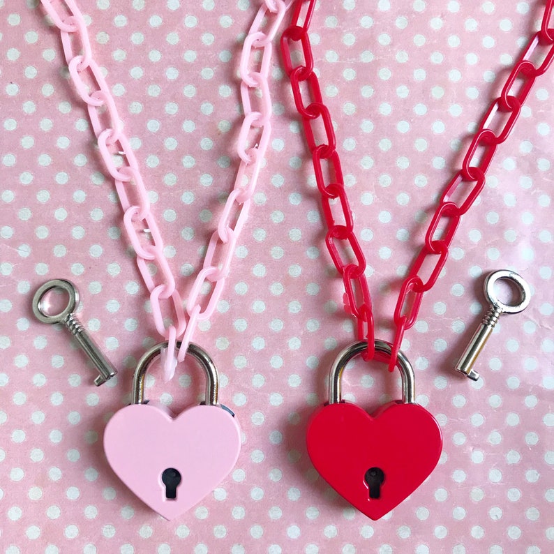 Love Heart Lock Chunky Chain Necklace in Pastel Pink Black Purple Red ...