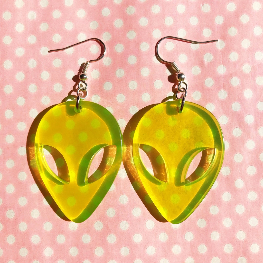 Large Neon Alien Head Statement Earrings Green Hook Stud or Clip on ...