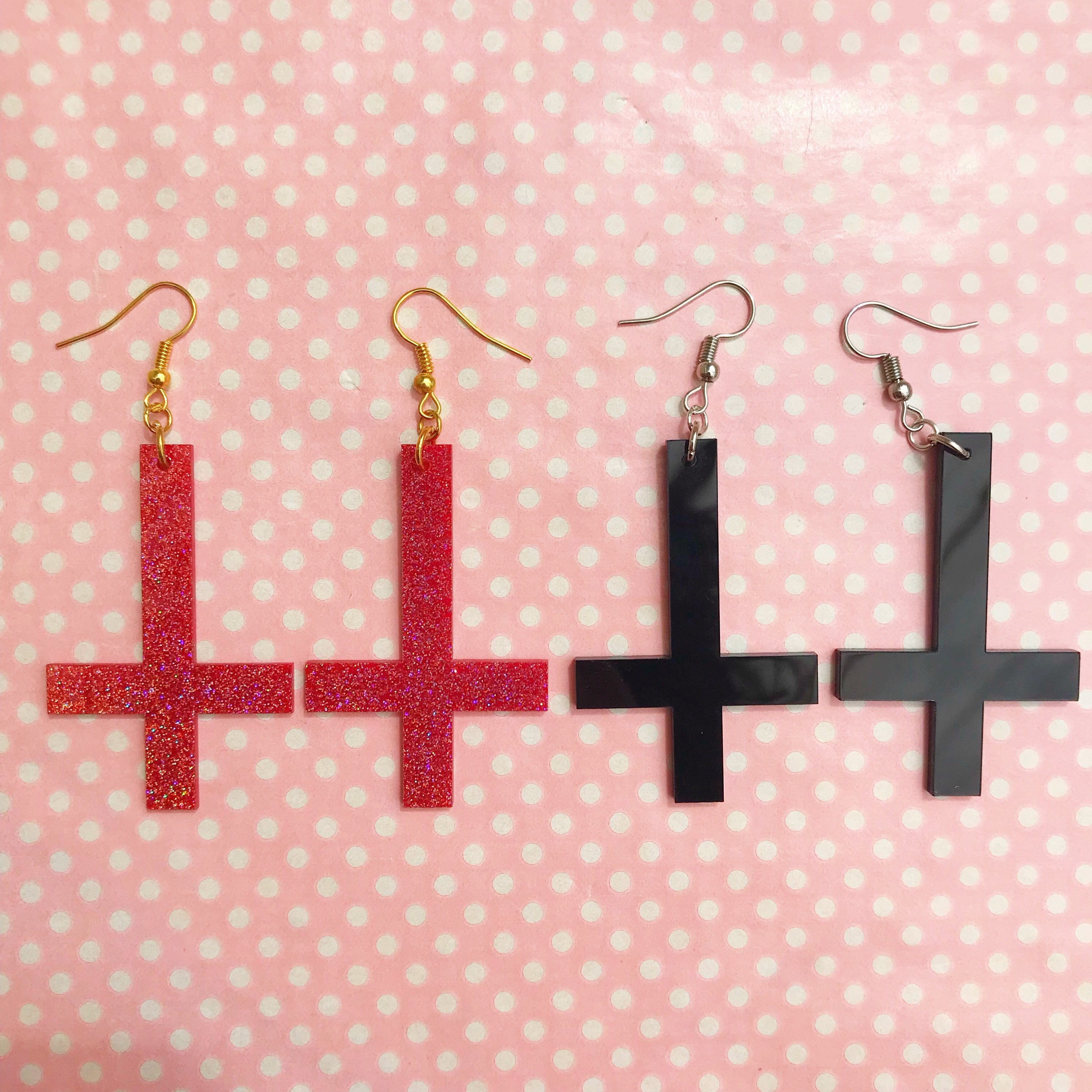Inverted Cross Earrings in Red or Black Hooks Stud or Clip On | Etsy
