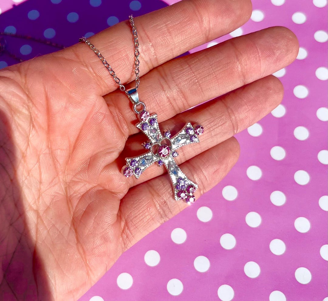 Pretty Pastel Goth Cross Necklace With Pink Purple and Lilac Crystals ...