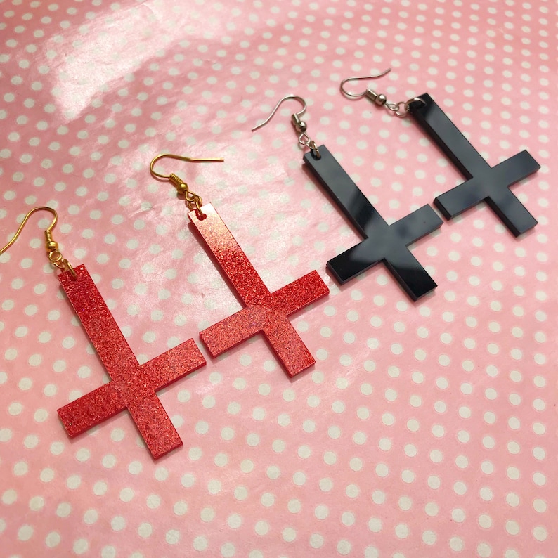 Inverted Cross Earrings in Red or Black Hooks Stud or Clip On - Etsy