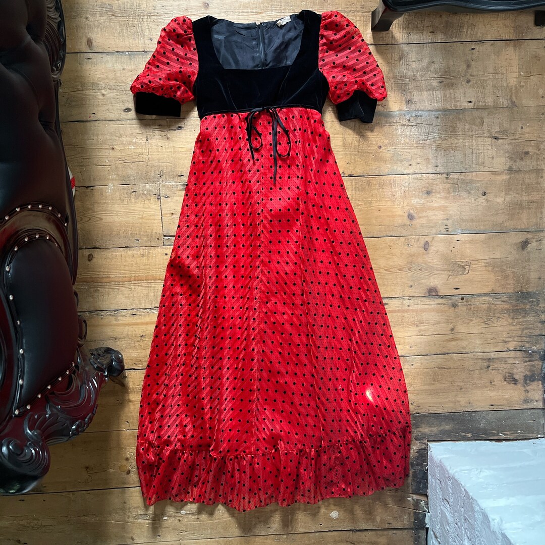 Vintage 1970s Ladybird Dress Empire Gown Velvet Black Red Size UK 6 US ...