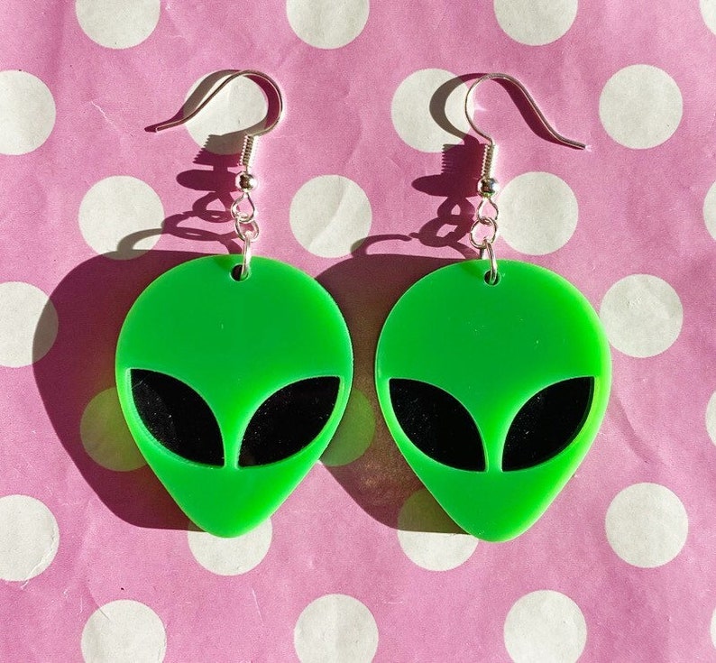 Large Green Alien Head Statement Earrings Hook Stud or Clip On - Etsy