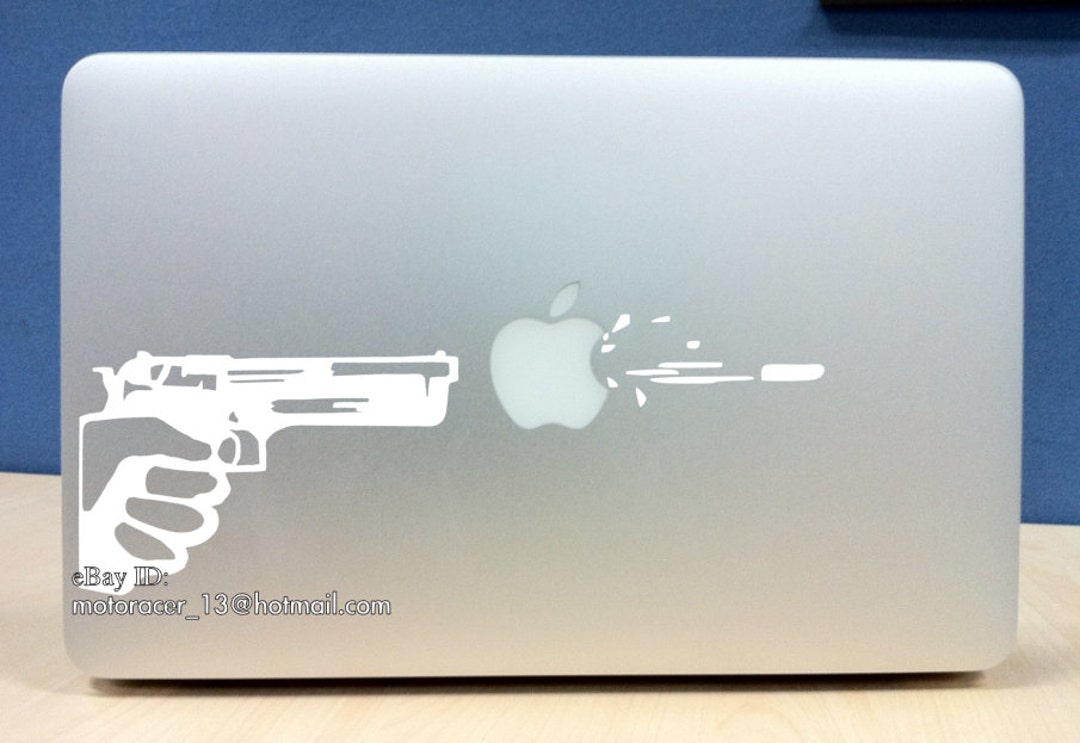 Gun Apple Sticker WHITE High Quality Vinyl Decal Shooting MacBook Pro ...