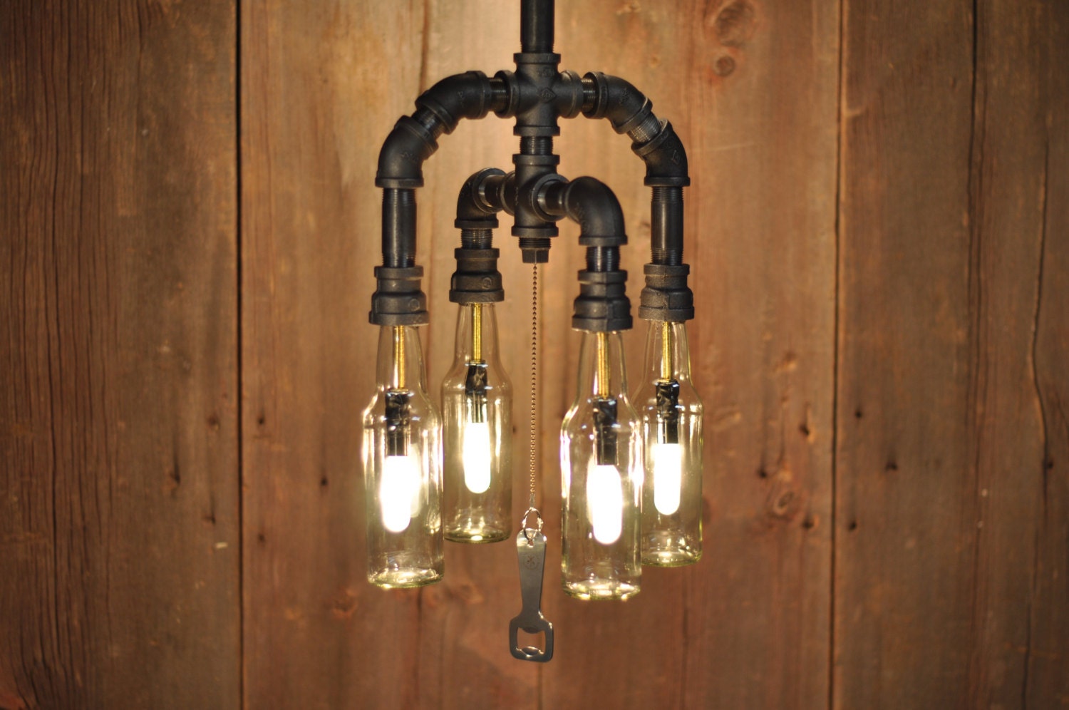 The Brewmaster Repurposed Beer or Wine Bottle Chandelier With Opener ...