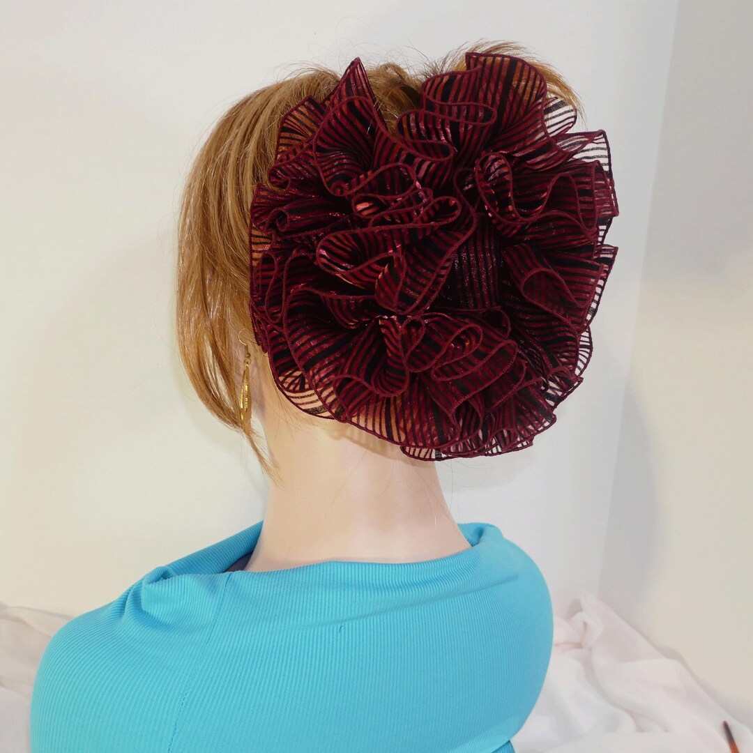 Jumbo Extra Large Size Hair Jaw Claw Clip Puffy Organza Fabric Burgundy ...