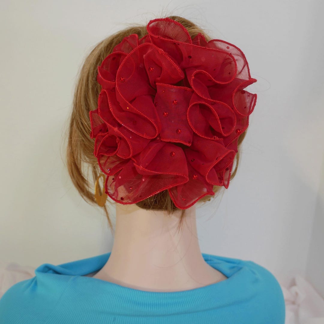 6" Medium Size Red Chiffon Ruffled Hair Claw Bow With Studs - Jaw Clip ...