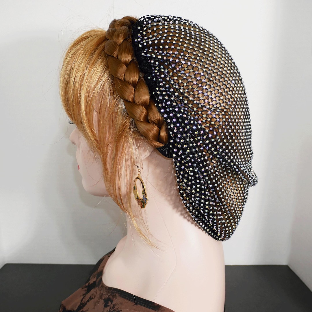 Long Black AB Crystal Hair Snood: Elegant Bun Cover, Dancing, Wedding ...