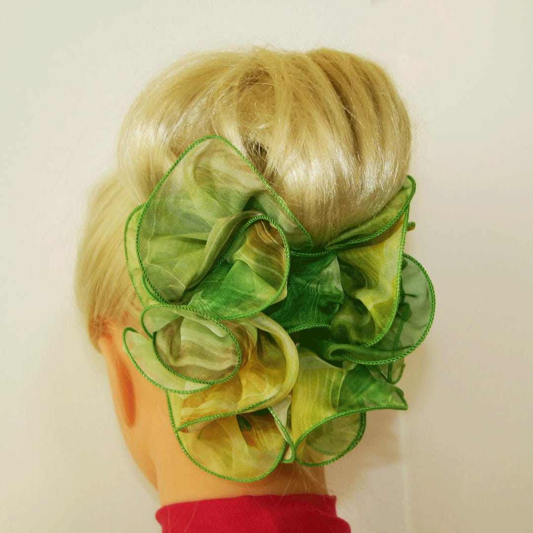 6" Wide Tie Dye Chiffon Ruffled Hair Clip Bow - Green Color Women's ...