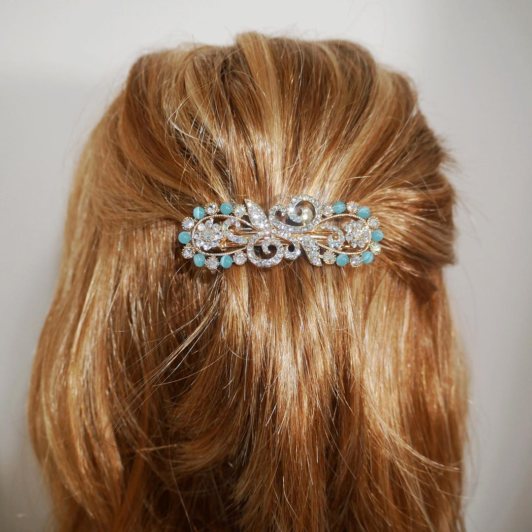 Crystal Blue Cat's Eye Barrette: Gold Floral Wedding Hair Clip - Etsy