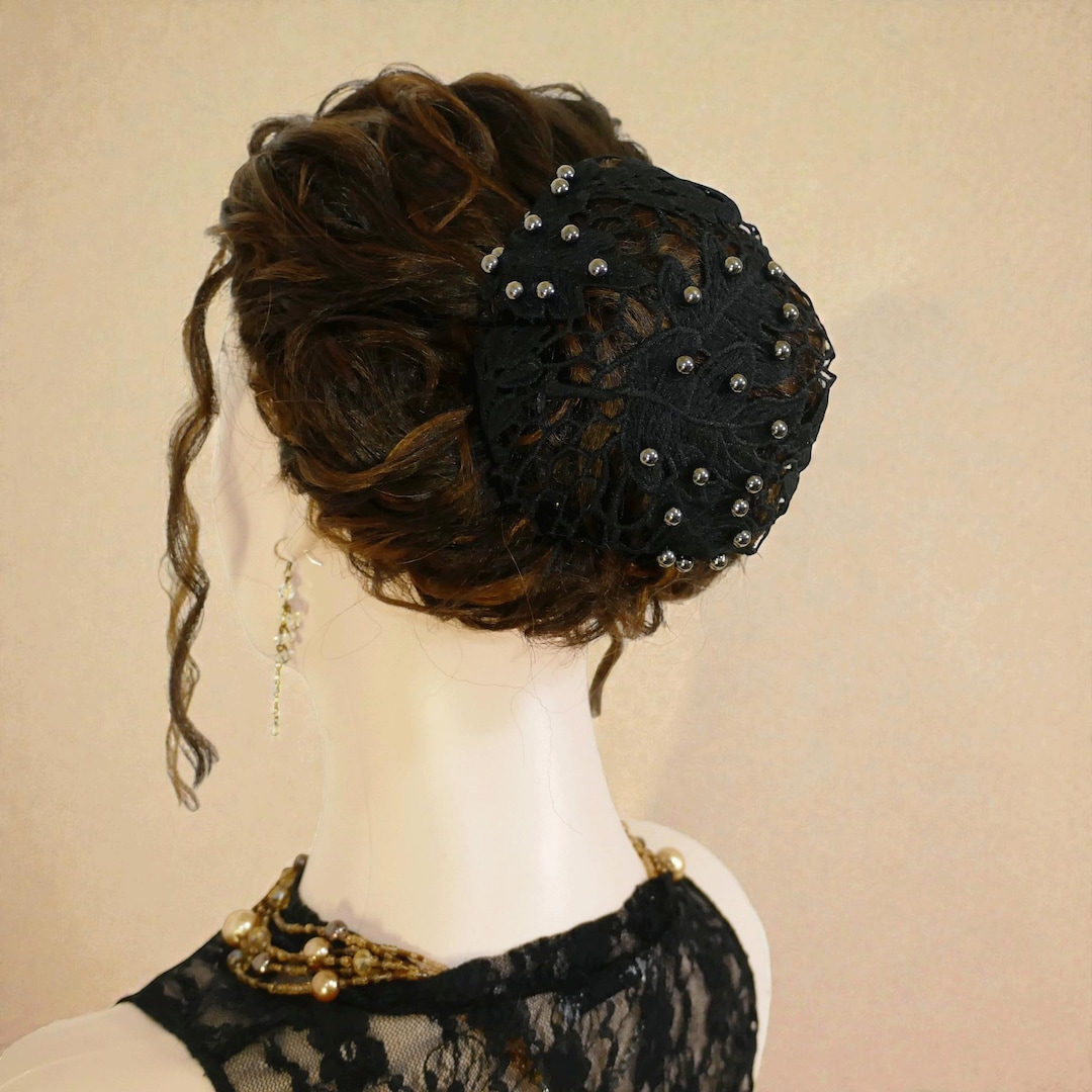 Decorated Fancy Bun Holder, Black Hair Net, Stretchable Hair Snood 5 ...