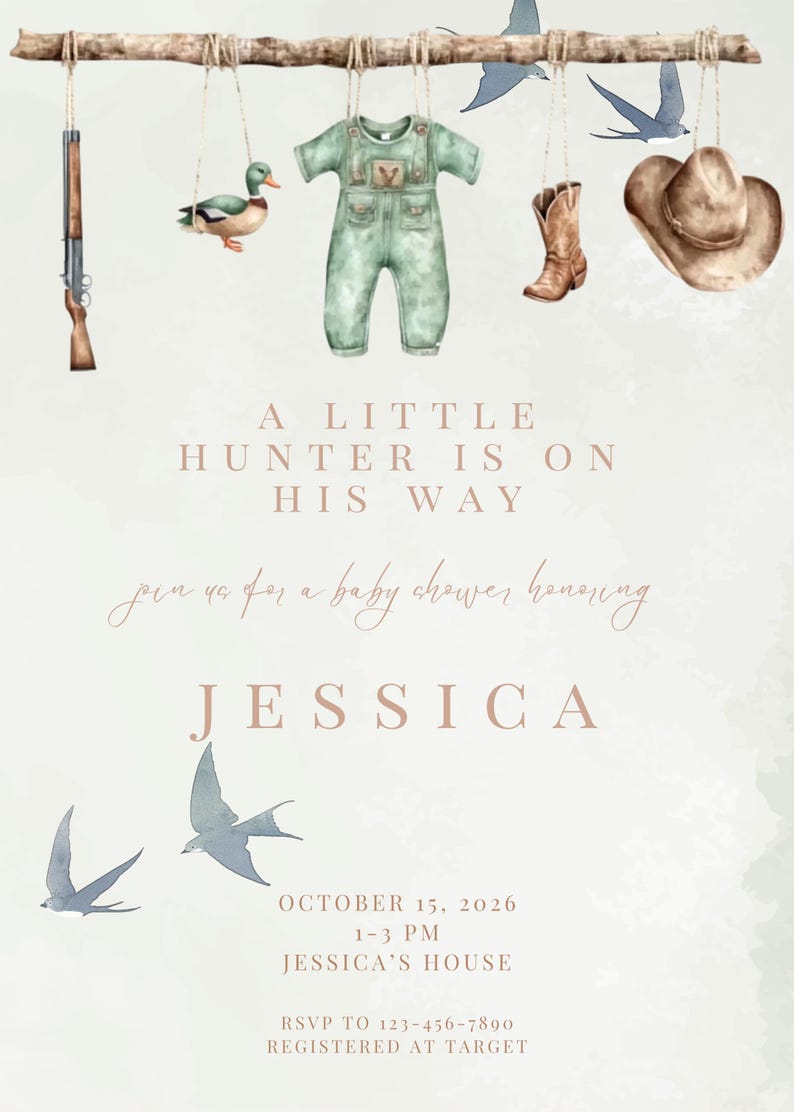 A Little Hunter Baby Shower Invitation | Editable Canva Template | Boy ...