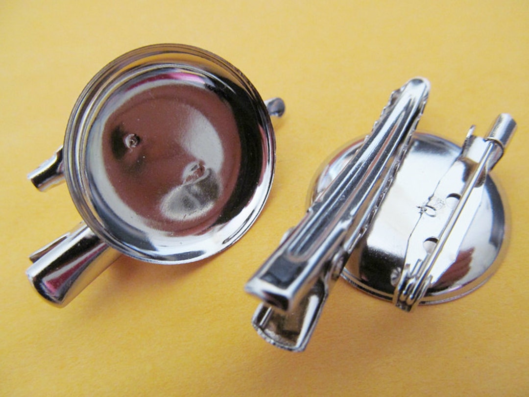 Good Pure Silver Tone Prong Hair Clips/hairpins,round 25mm Cabochon ...