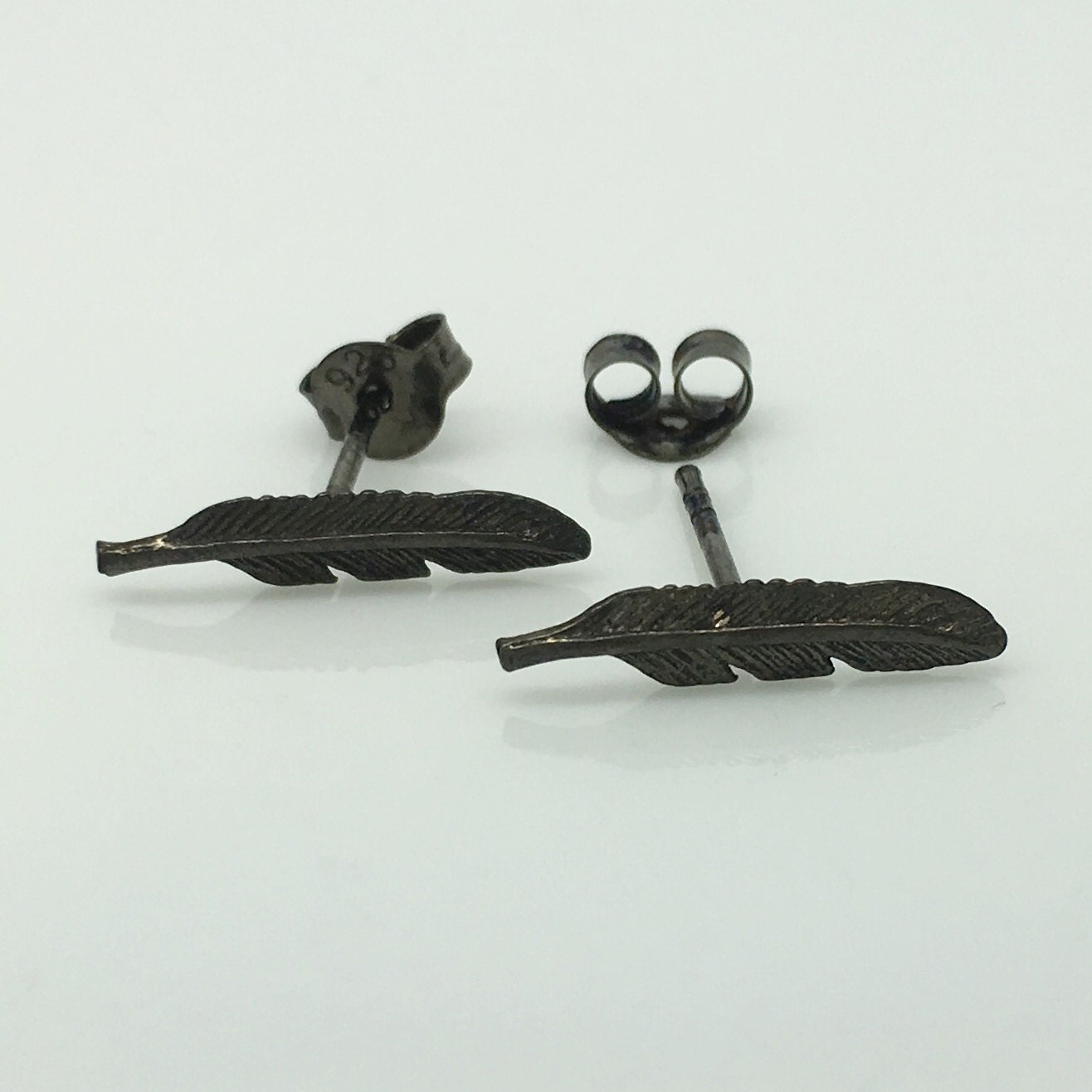 Black Crow's Feather Stud Earrings, Feather Helix Earrings, Sterling ...