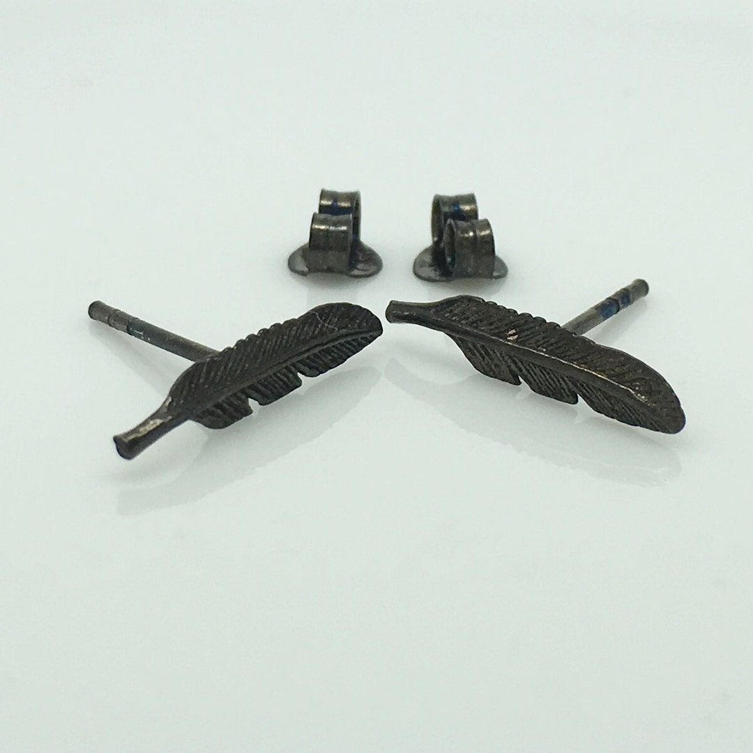Black Crow's Feather Stud Earrings, Feather Helix Earrings, Sterling ...