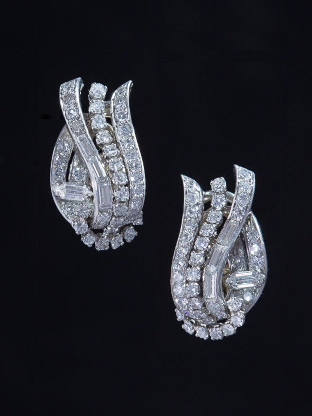 Vintage Red Carpet Diamond Platinum and White Gold French Ear Clips Mid ...
