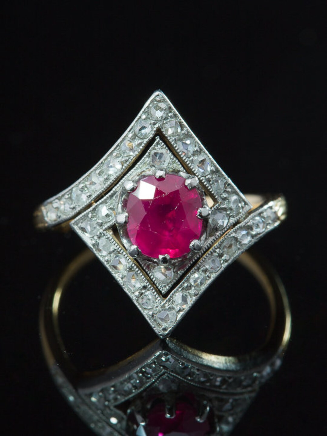 Art Deco French Natural No Heath Ruby and Diamond Halo Ring With ...