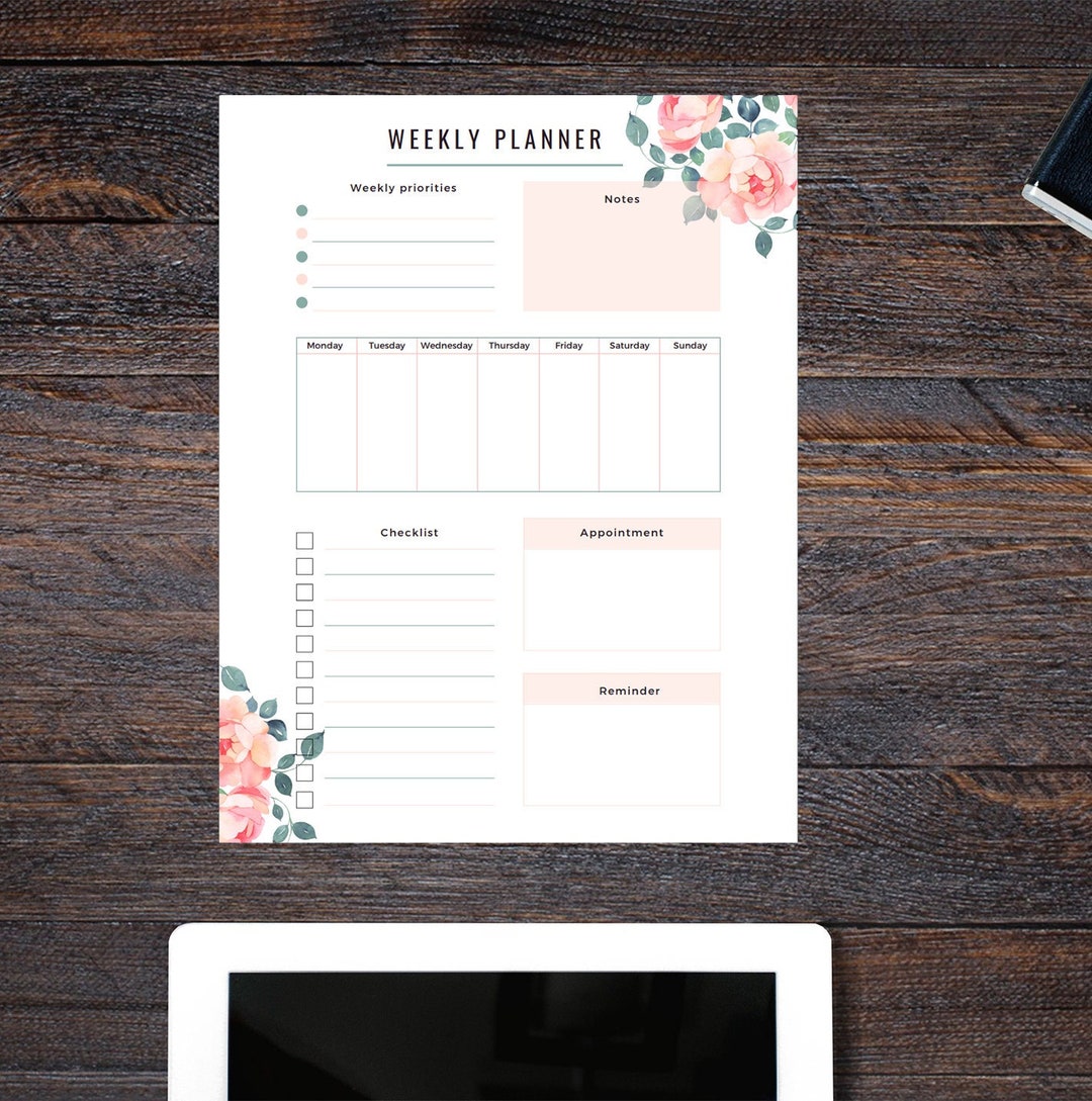 Pink Green White Peony Floral PRINTABLE Week on One Page Printable ...