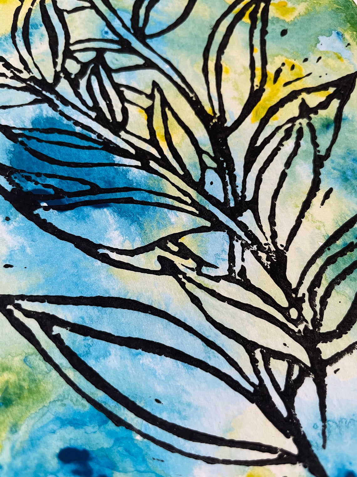 A4 Original Lino Print & Watercolour Original Painting of Leaf - Etsy