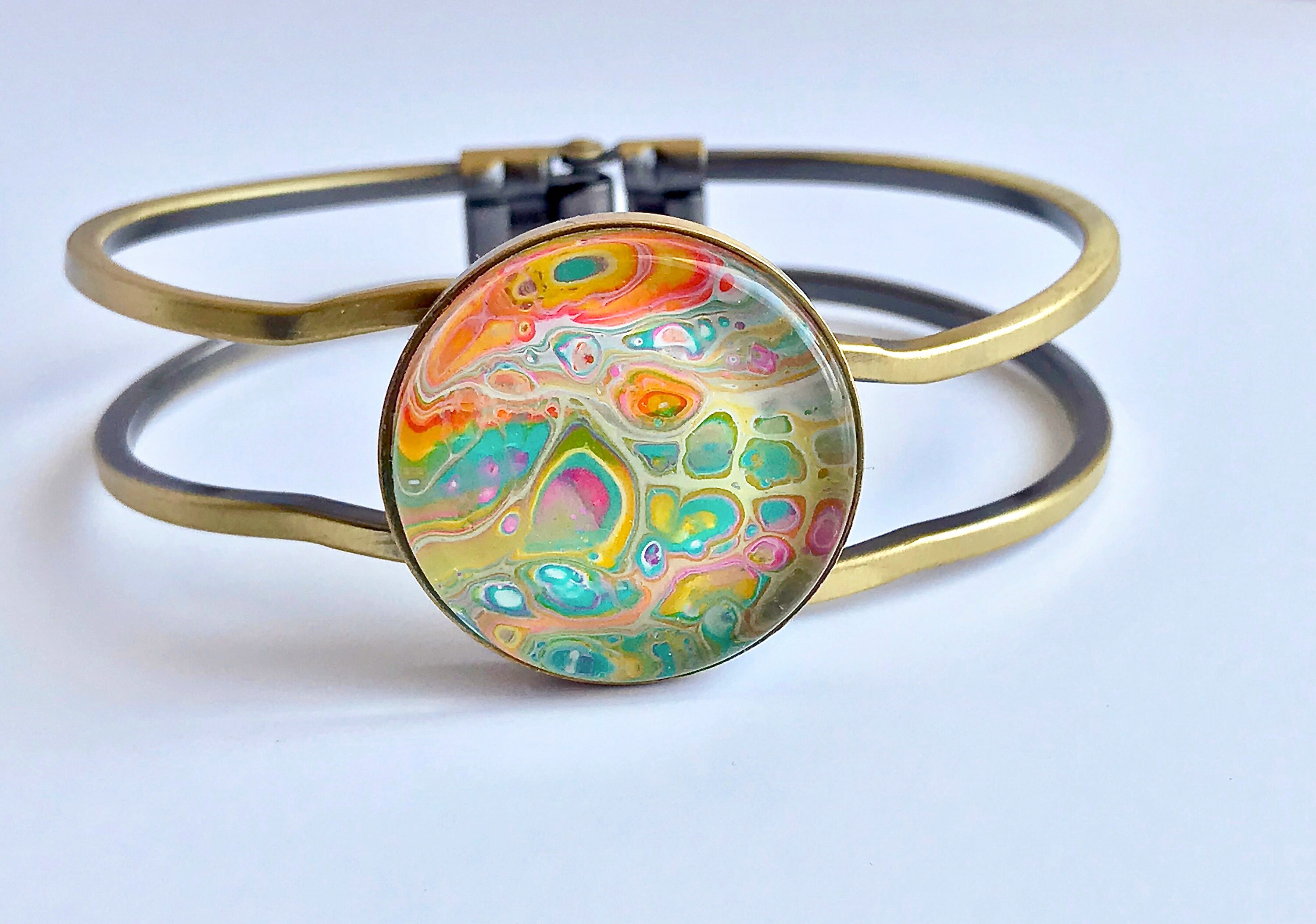 25 Mm rainbow Sherbert Fluid Art Bronze-toned Hinged Bracelet - Etsy