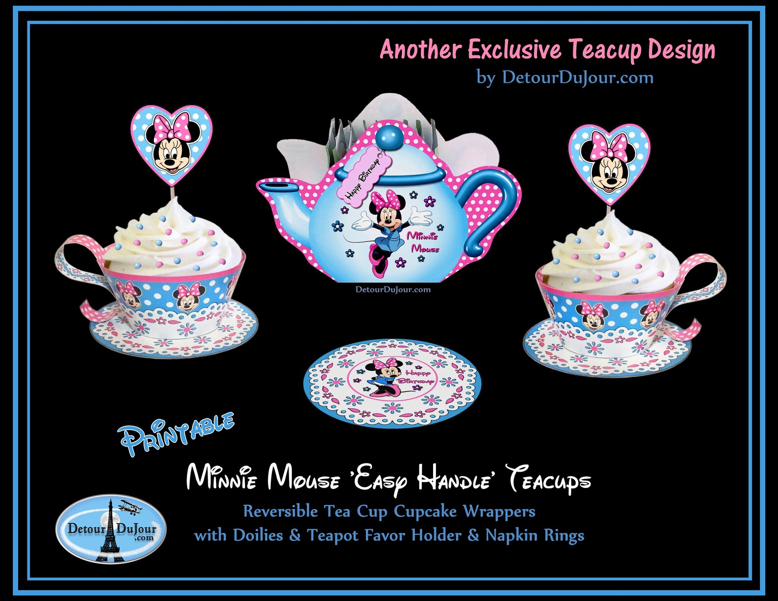 Minnie Mouse Birthday 3D Paper Teacup Cupcake Holders, 3D Paper Teapot ...