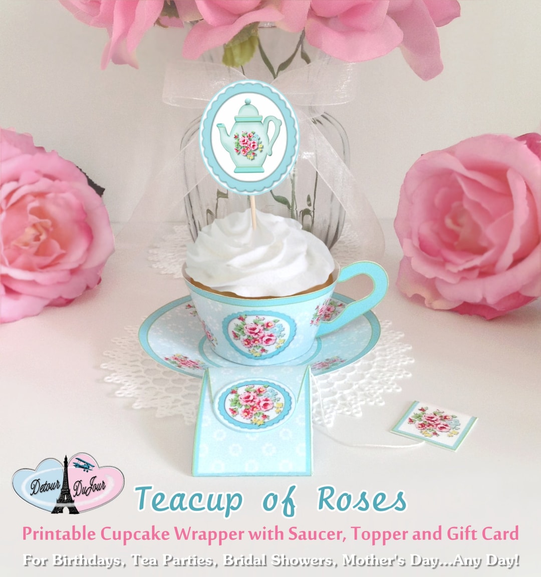 DIY Printable Paper Tea Cups, Teacup Cupcake Holders, Printable Blue ...