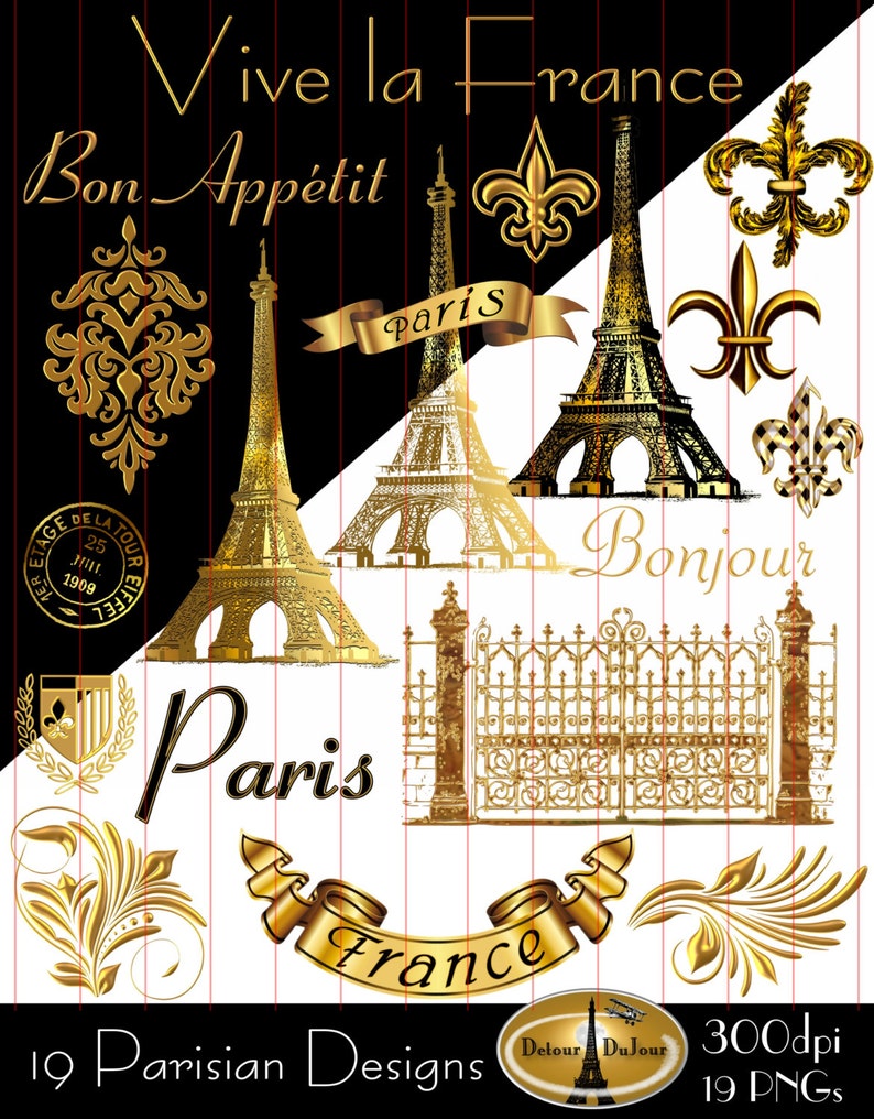 Eiffel Tower Clipart Paris Clip Art Black and Gold Paris | Etsy