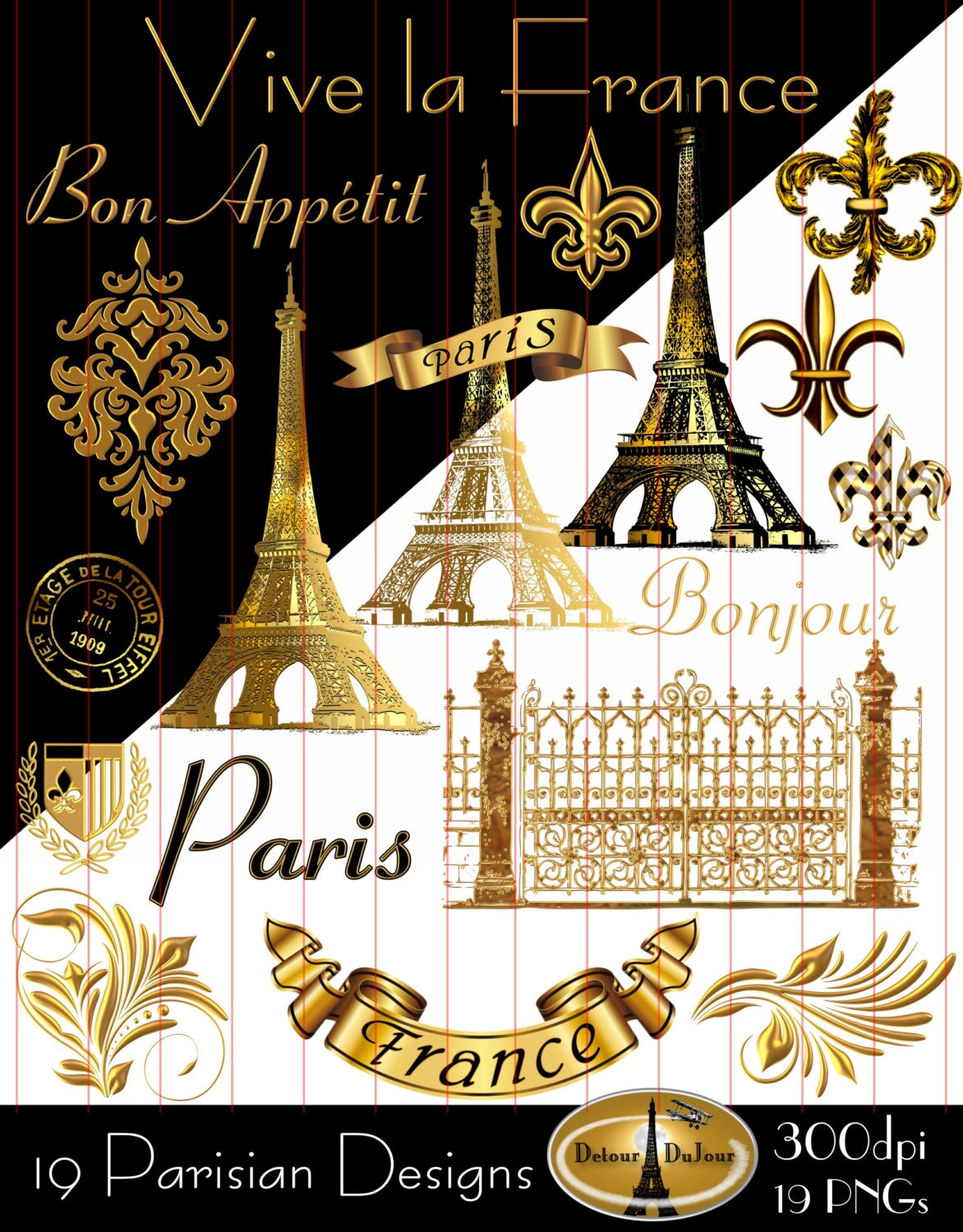 19 Paris Clipart Designs Gold Paris Clip Art Eiffel Tower - Etsy
