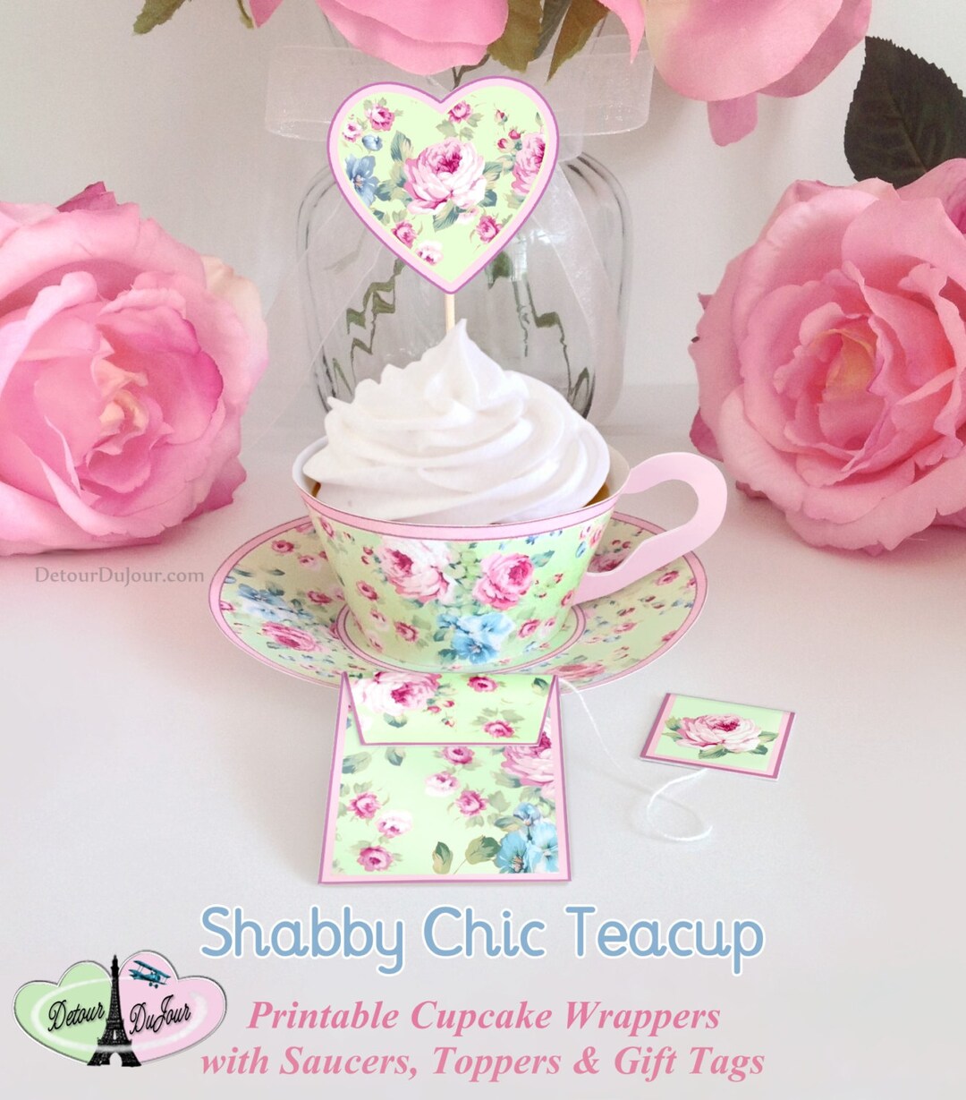 Paper Tea Cups PRINTABLE Teacup Cupcake Wraps Wrappers Holders, Shabby ...