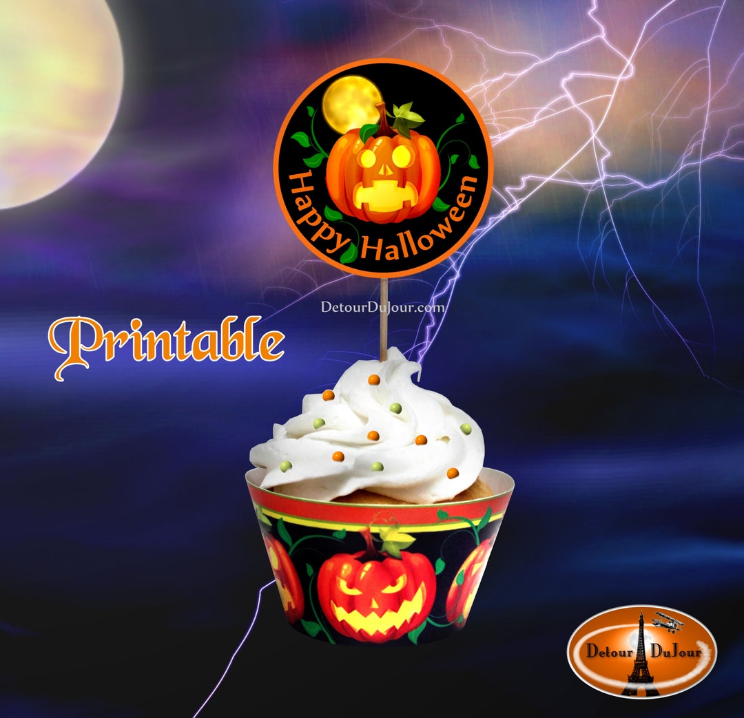 Eerie Pumpkin Faces HALLOWEEN Cupcake Wrappers Printable, Halloween ...
