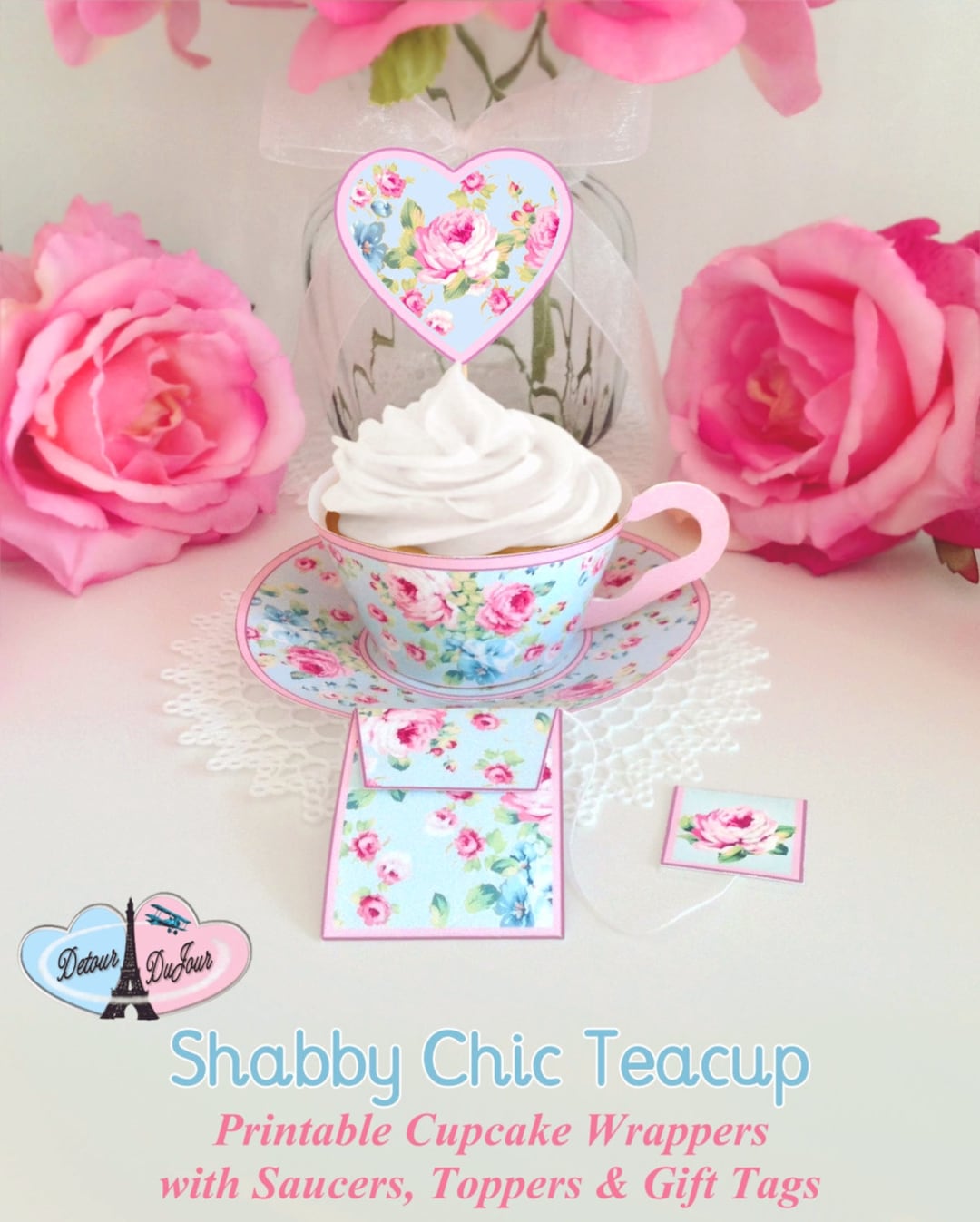 Blue Roses Cupcake Wrappers, Printable Tea Party Decorations, Paper Tea ...