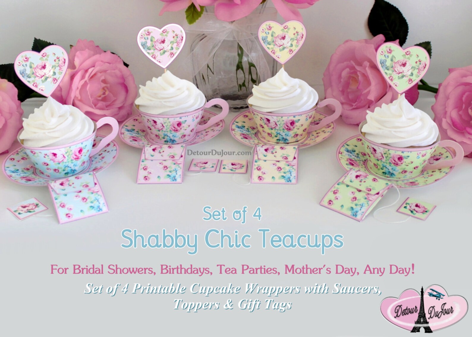 Tea Party Teacups Paper Tea Cups Set of 4 Printable Tea Cup | Etsy