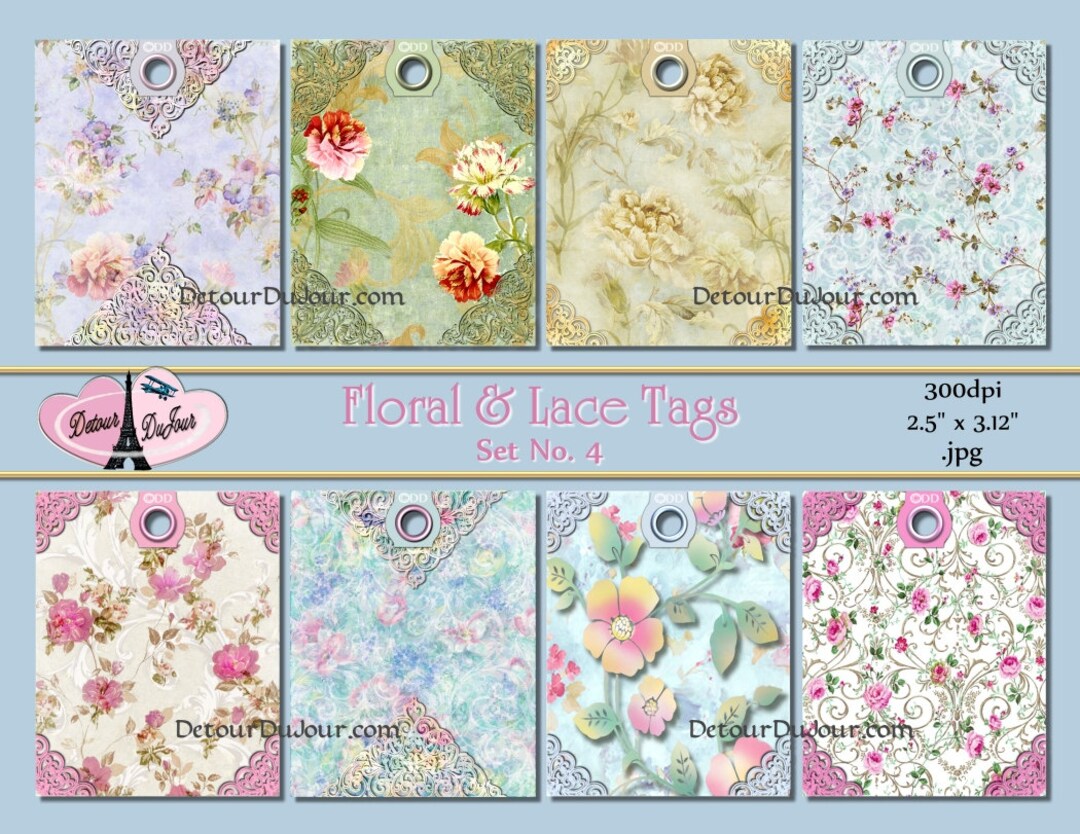 Printable Floral Tags Journal Tags, Shabby Chic Tags, 8 Lace Hang Tags ...